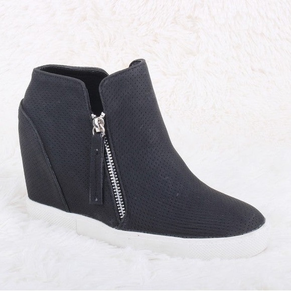 AMS | Shoes | Nib Ams Black Zip Platform Wedge Sneaker Heel Womens ...